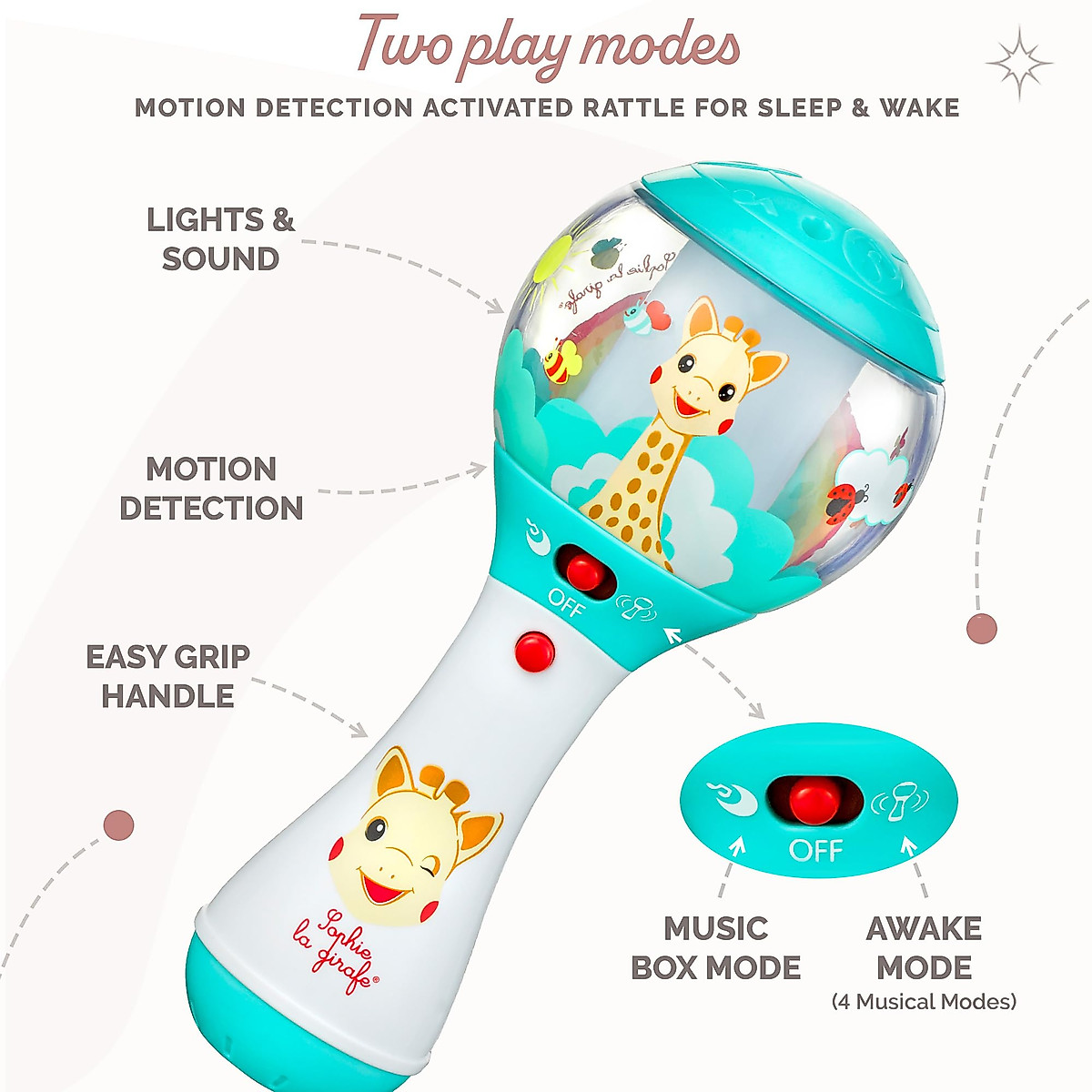 Sophie la girafe | Shake Shake Rattle | Fun & Easy to Grasp Rattle with a Motion Detector | 4 Different Musical Modes for Playtime & 6 Melodies to Soothe Baby to Sleep