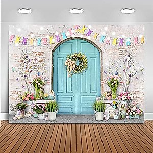 Mocsicka Easter Backdrop Blue Wooden Doors Brick Wall Bunny Rabbit Spring Photography Backdrops Easter Day Party Decorations Easter Photo Background Photo Studio Props (7x5ft (82x60 inch))