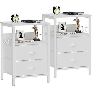 Furologee Nightstands Set 2, End Table with 2 Fabric Drawers, Bedside Table with 2 Hooks, Open Wood Shelf Side Sofa Table for Bedroom/Living Room/Hallway/White