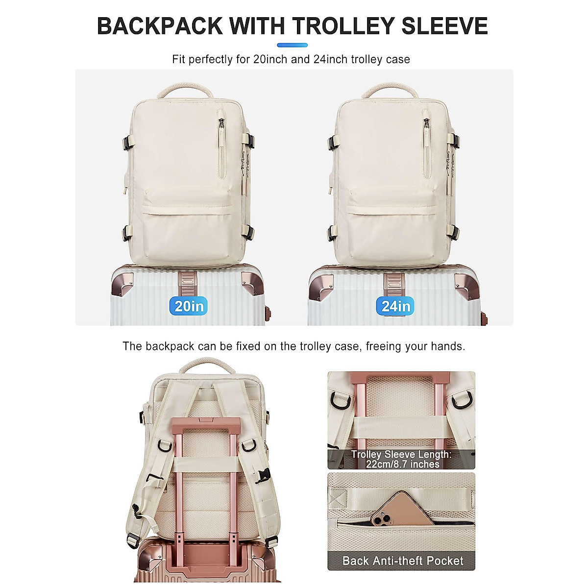 VGCUB Carry on Backpack,Large Travel Backpack for Women Men Airline Approved Gym Backpack Waterproof Business Laptop Daypack,Beige