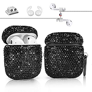Newseego Compatible with AirPods 1 & 2 Case, Keychain+Anti-Lost Strap+Ear Hooks+Watch Band Holder,Protective Bling Crystal Glitter Luxury Shining Diamond Rhinestone Gift Scratch/Drop Proof-Black