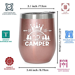 Coolertaste Queen Of The Camper Wine Tumbler, Happy Camper Gifts 12oz Cup, Gifts For Campers Outdoors, RV Hiking Camping Coffee Mugs, Camper Lover Couples Glass for Women