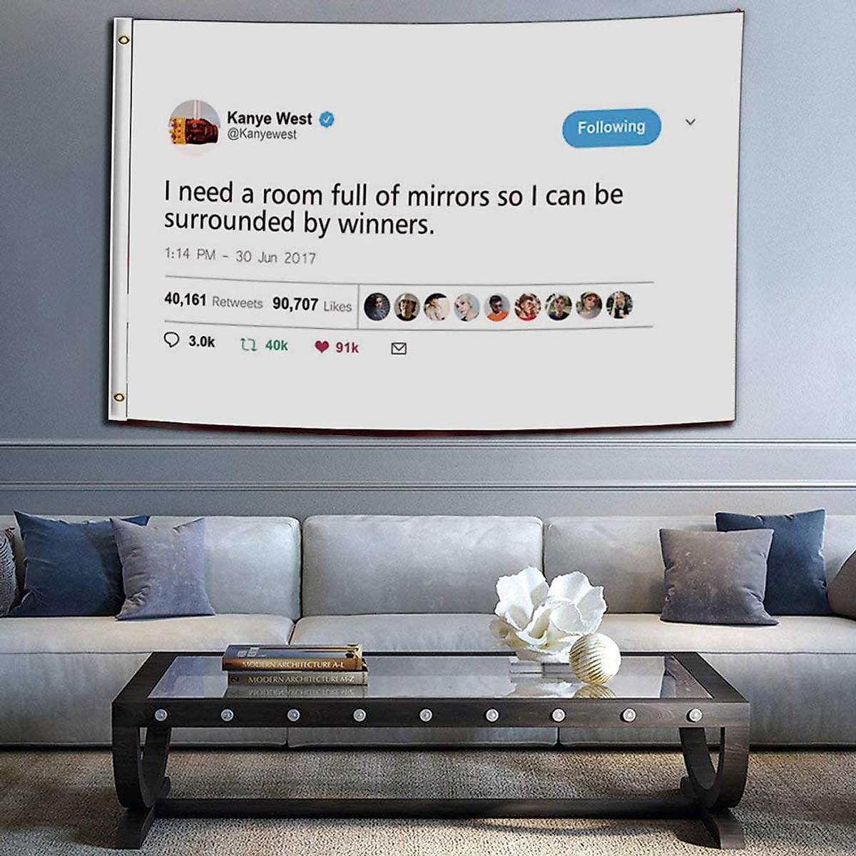 ENMOON Quoted Kanye Tweet Flag--I Need a Room of Mirror So I Can Be Surrounded by Winner (3x5ft, Vivid Color) HD Printing 150D Poly West Two Brass Grommets For Dorm College