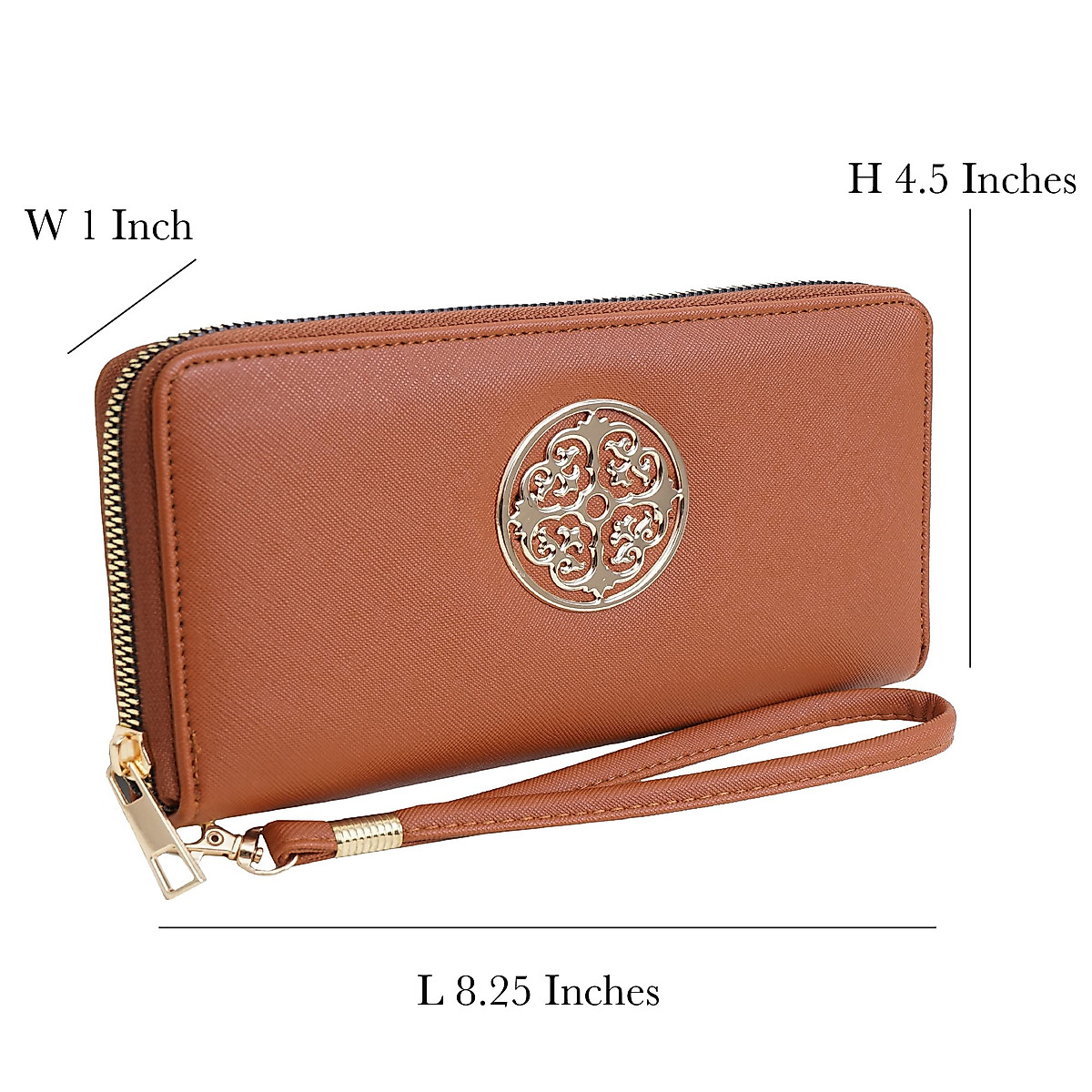 Rebecca & Rifka Women's Large Saffiano Vegan Leather Medallion Zip Around Multi Holder Organizer Wristlet Large Capacity Travel Clutch Wallet (Cognac)