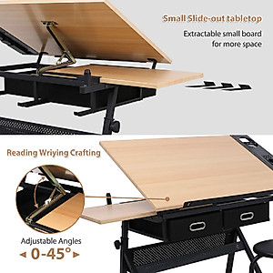 JupiterForce Drafting Table Art Desk with 2 Storage Drawers, Height Adjustable Drawing Table for Painters, Working, Writing, Home Office, Natural