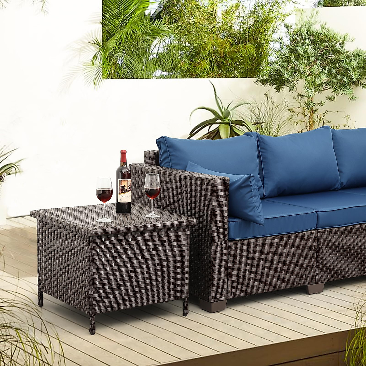 WAROOM Outdoor PE Wicker Side Table with Storage Patio End Table Resin Rattan Storage Table for Garden Backyard Porch Poolside, Brown