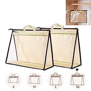 fazhongfa 2PCS Dust Bags for Handbags Clear Purse Storage Organizer Non-Woven Hanging Bag Closet with Zipper and Handle (X-Large, Cream Color)