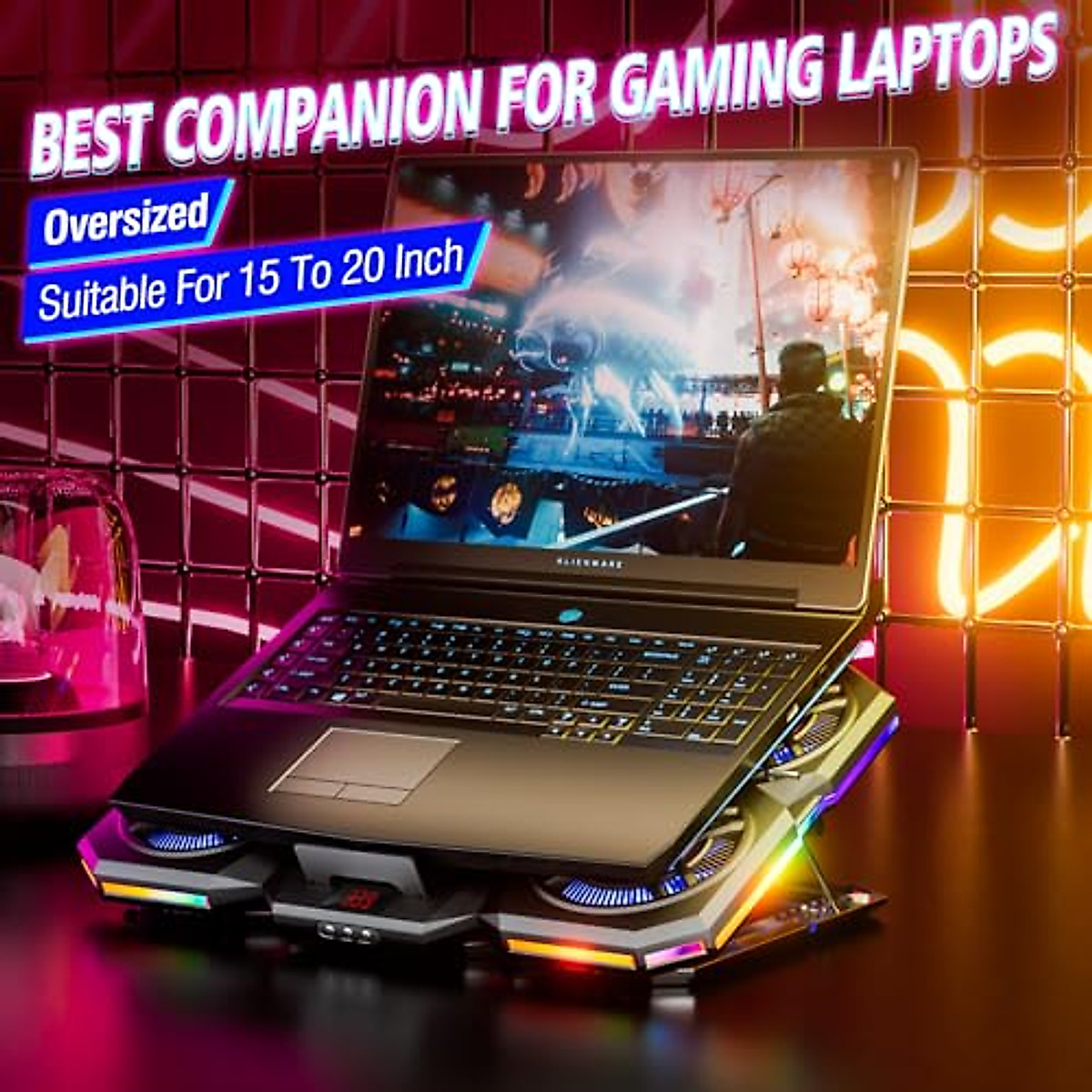 Gaming Laptop Cooling Pad,Large Size Laptop Cooler for 15"-21" Gaming Laptop with Silent Cooling Fans, RGB Lights, Laptop Cooling Stand with 5 Adjustable Heights, (Black with 18W Charger)