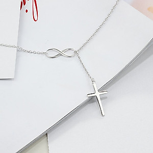 SQKXKLCZ 925 Sterling Silver Infinity Cross Pendant Religious Necklace, Rolo Chain 16''+2''