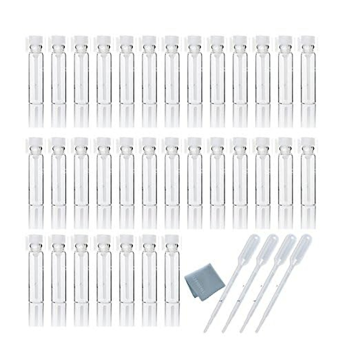 Elfensatll- 100PCS Transparent Clear 1ml 1/4 Dram Empty Glass Sample Vials With 0.5ml 10pcs Pipettes Droppers for Party Makeup Tool Essential Oils Aromatherapy Perfume Cologne