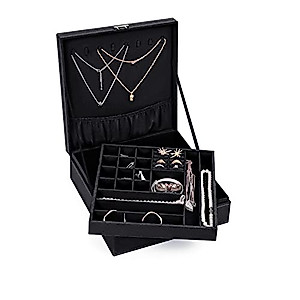 MOSISO Jewelry Box, Jewelry Storage Case Organizer Stackable Double Layer Lockable Display for Teens Girl/Women Velvet Necklace Earring Bracelet Ring Watch Brooch Holder, Black