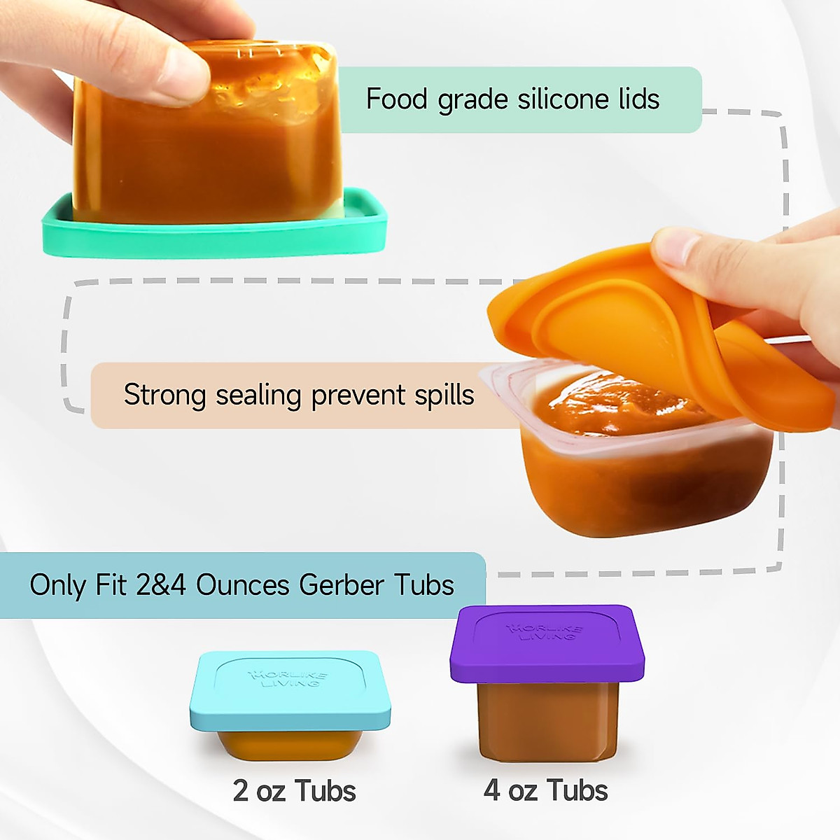 Morlike Baby Food Lids Compatible with Gerber Food Containers, Silicone Container Lid for Baby Food Storage, Reusable and Dishwasher Safe, BPA Free - Lids Only (4 Pack, 4 Color)