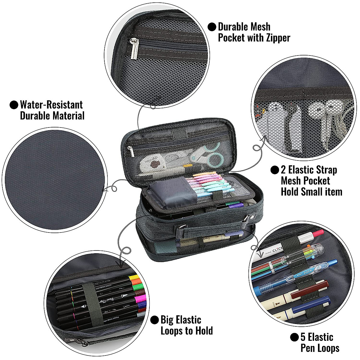 JOINPRO Pencil Case, Large Capacity Pencil Case Organizer; Double Zipper Storage Bag; Big Pencil Pouch for College School Office Teen Girl Boy Men Women Adult (Black Grey)