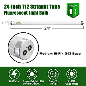 F20T12/CW 20 Watt Light Bulb Cool White, 24 Inch T12 Fluorescent Tube 20W Compatible with Philips Sylvania GE Light Fixture G13 Cap 4 Count
