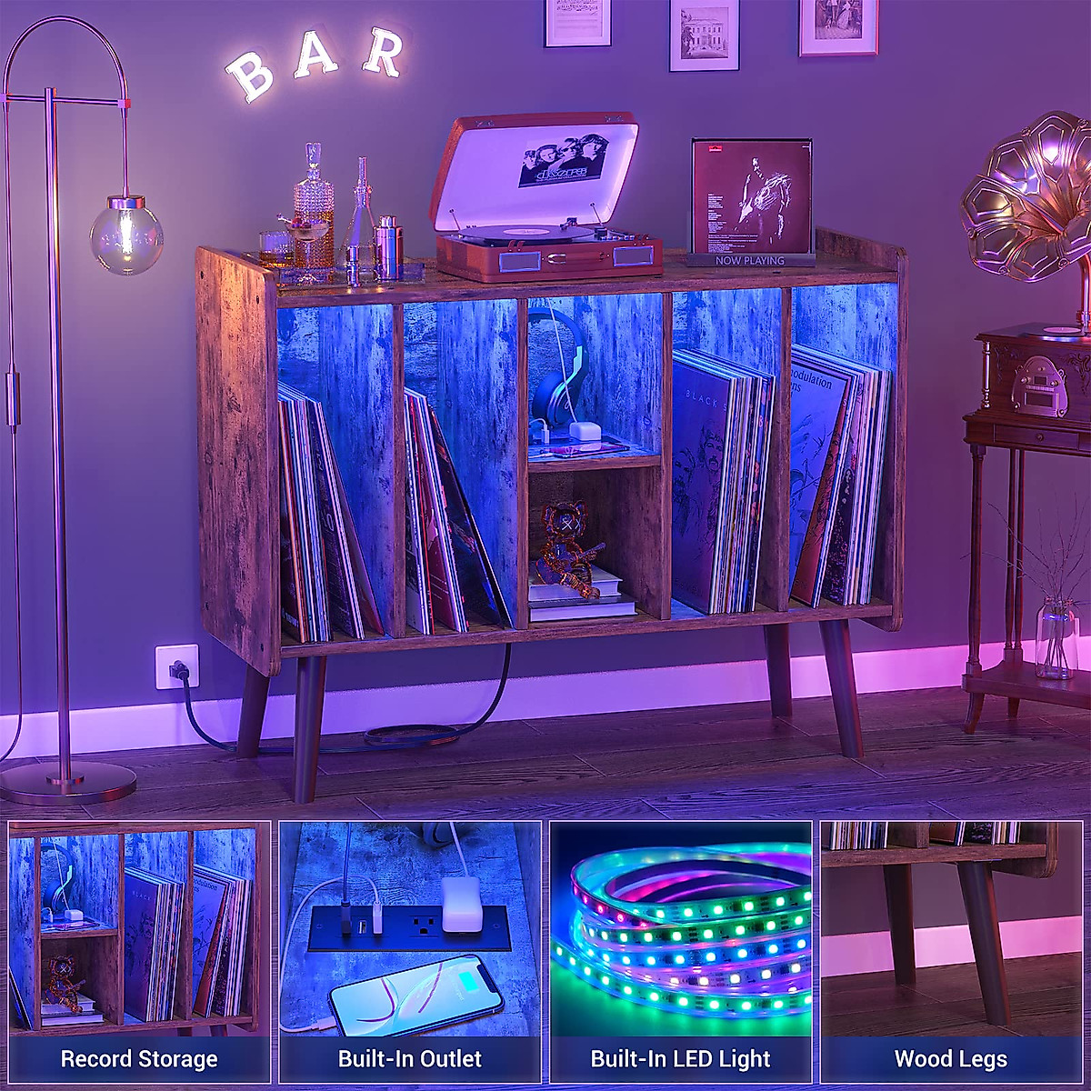 Unikito Large Record Player Stand with Vinyl Storage and LED Light, Vinyl Record Storage Cabinet with Power Outlet, Record Player Table, Turntable Stand with Wood Legs for Living Room, Bedroom, Office