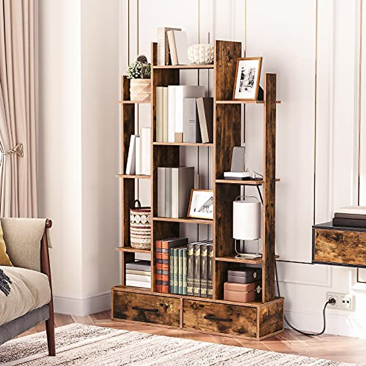 HOOBRO Bookshelf, Bookcase with Charging Station and 2 Drawers Storage, Rustic Tree Shaped Wooden Bookshelves with 12 Storage Shelves, for Bedroom, Home Office, Living Room BF140USJ01