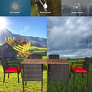 HAPPYGRILL 7 Pieces Patio Dining Set Outdoor Furniture Rattan Wicker Dining Set with Umbrella Hole, Powder Coated Steel Frame, Acacia Wood Dining Table and Armchairs with Removable Cushions