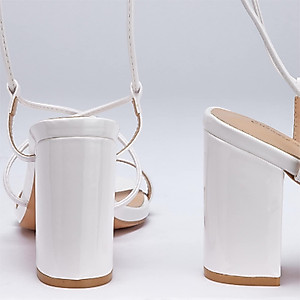 Elisabet Tang Women's Strappy Chunky Heels Sandals, Lace Up 3 inch Low Block Heels Ankle Wrap Heel Square Open Toe Tie Up Heeled Sandals Shoes White Size 8