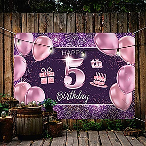 PAKBOOM Happy 5th Birthday Banner Backdrop - 5 Birthday Party Decoration Supplies for Girl - Pink Purple Gold 4 x 6ft