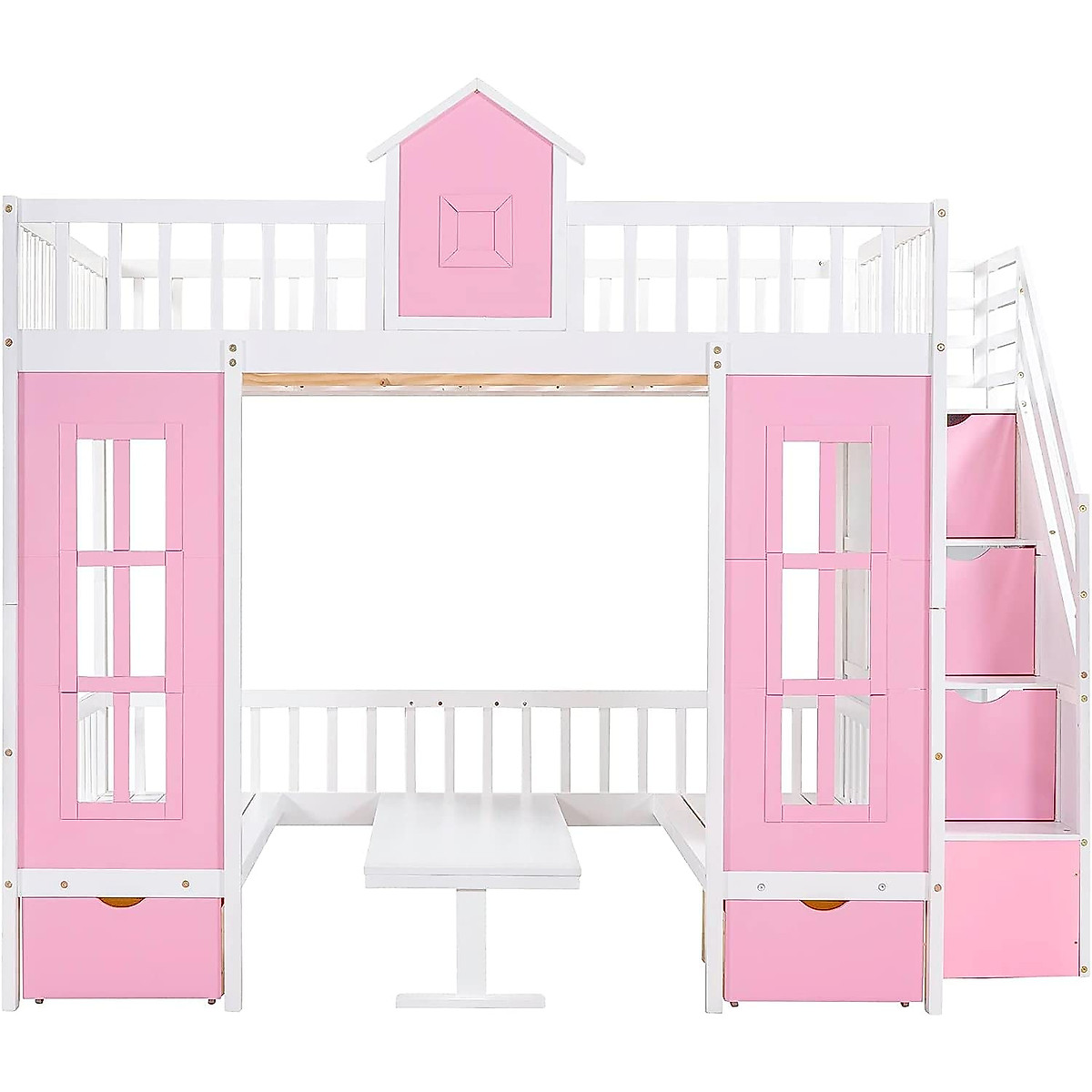 MERITLINE Full Loft Beds with Stairs and Desk, Wooden Castle Shaped Full Over Full Bunk Bed with Changeable Desk,Storage Bunk Bed with Drawers for Kids Girls Boys Teens, Pink