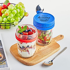 TOFLEN 2 Pack Overnight Oats Containers with Lids and Spoons, 12 oz Glass Mason Overnight Oats Jars Wide Mouth Airtight Oatmeal Container for Yogurt, Cereal and Fruits (Red+Blue)