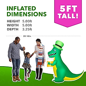 Holidayana 5ft St Patricks Day Inflatable Leprechaun T-rex with Beer - Leprechaun Saint Patricks Day Party Blow Up Yard Decoration, Includes Built-in Bulbs, Tie-Down Points, and Powerful Built-in Fan