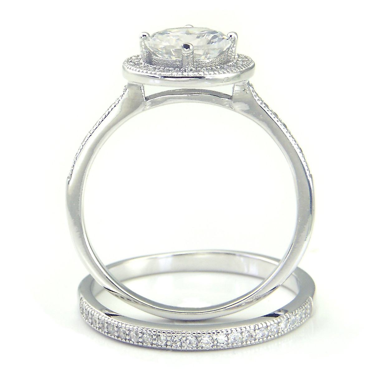 Metal Factory Sz 8 Sterling Silver Cubic Zirconia Halo 3.3 Carat tw Round Brilliant Cut CZ Wedding Engagement Ring Set