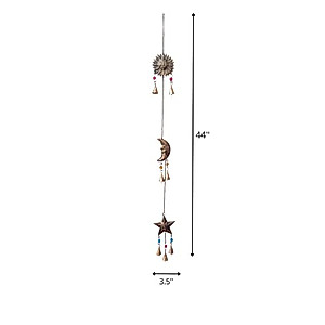 Mie Creations Sun Moon Star Face Wall Hanging Décor Chime Bells | Metal Cutouts Ornaments, Crescent Moon Phases Garland Art | Celestial, Earthy Decorations | Wicca Pagan Christmas Décor -Antique Gold