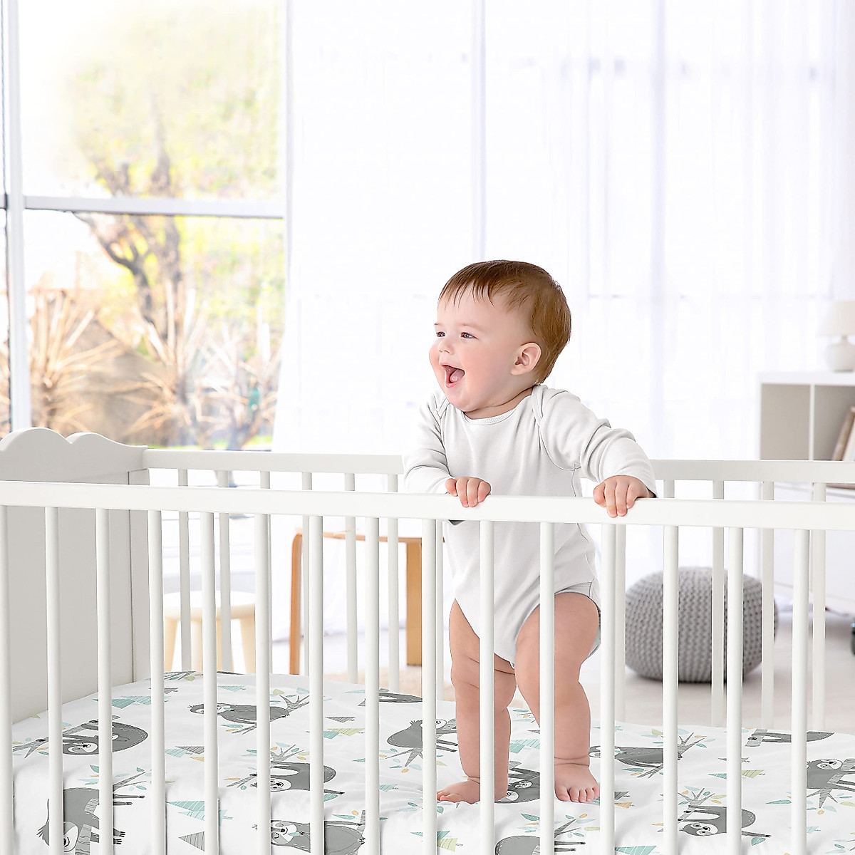 Sweet Jojo Designs Blue and Grey Jungle Sloth Leaf Unisex Boy or Girl Baby or Toddler Nursery Fitted Crib Sheet - Turquoise, Gray and Green Botanical Rainforest