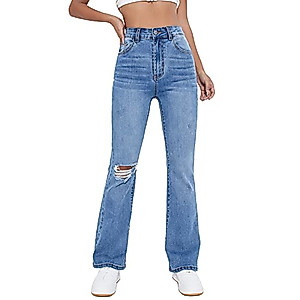 Floerns Women's High Waisted Ripped Jeans Flare Leg Bell Bottom Denim Pants Light Blue M