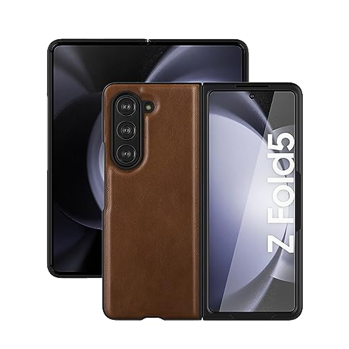 Cresee Case for Samsung Galaxy Z Fold 5 (2023) with Cover Screen Protector, PU Leather & Hard PC Bumper Phone Case for Galaxy Z Fold5 - Brown