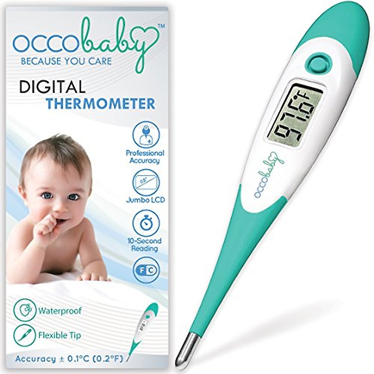 OCCObaby Clinical Digital Baby Thermometer - LCD, Flexible Tip, 10 Second Quick Accurate Fever Alarm Rectal Oral & Underarm Use - Waterproof Baby Thermometer for Infants & Toddlers