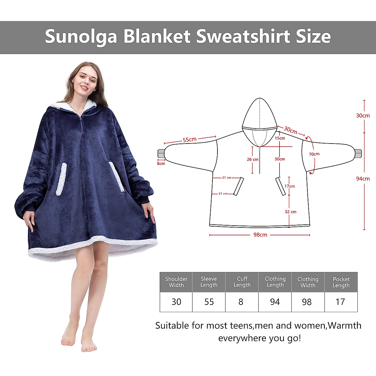 Sunolga Wearable Blanket Oversized Microfiber & Sherpa Wearable Blanket Hoodie, Sweatshirt with Hood Pocket and Sleeves, Super Soft Warm Plush Hooded Blanket for Adult Women Men, One Size Fits AllBlue