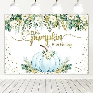 Mocsicka Boy Pumpkin Baby Shower Backdrop Greenery Blue Floral Fall Baby Shower Background A Little Pumpkin is On The Way Baby Shower Party Cake Table Decoration Banner Photo Booth Props (7x5ft)
