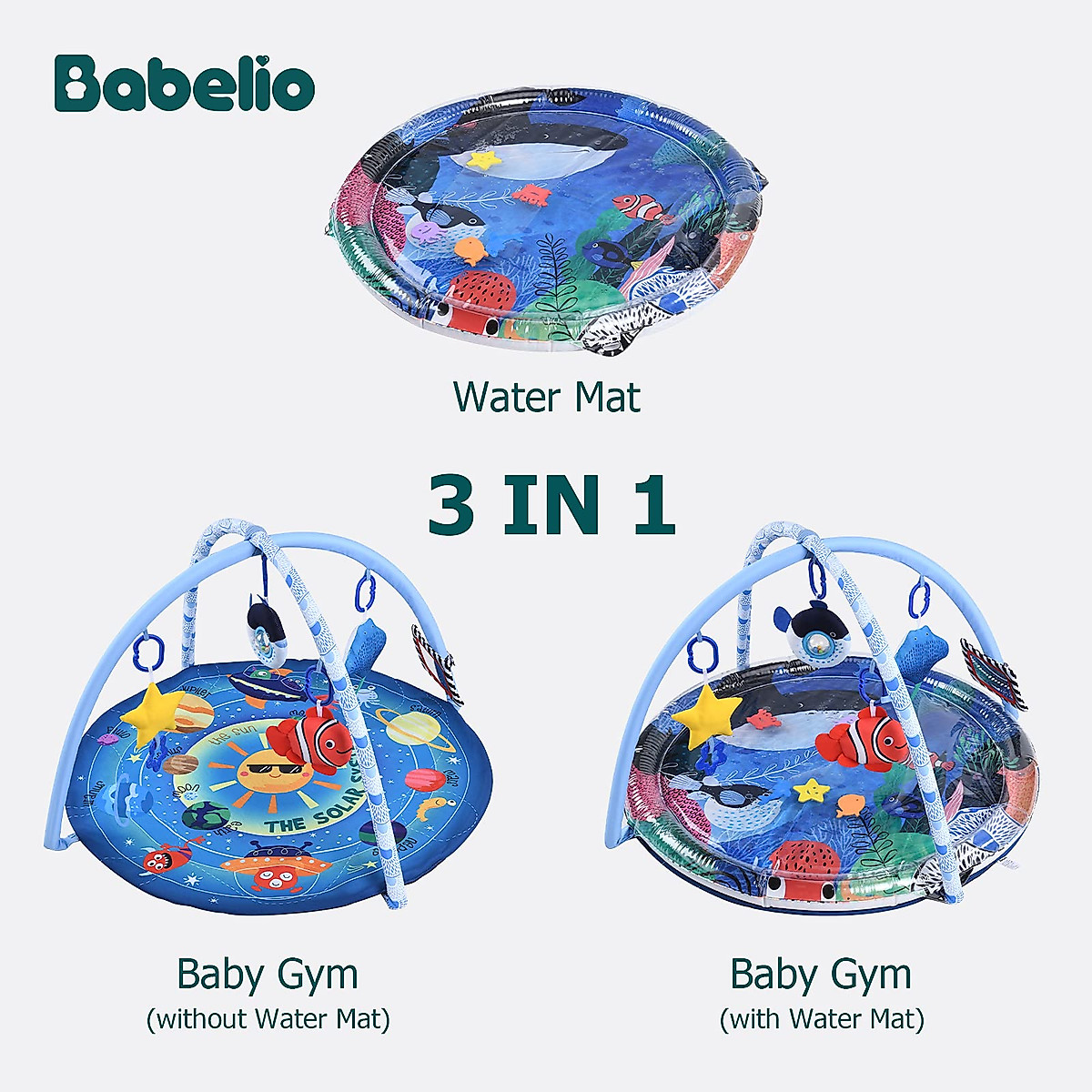 Babelio Baby Gym Mat & Tummy Time Water Mat 2 in 1, 3 Different Assembly Methods, 6 Activity Play Mat Toys, Sensory Development and Fun Experience for Infant, 33.5" x 33.5"