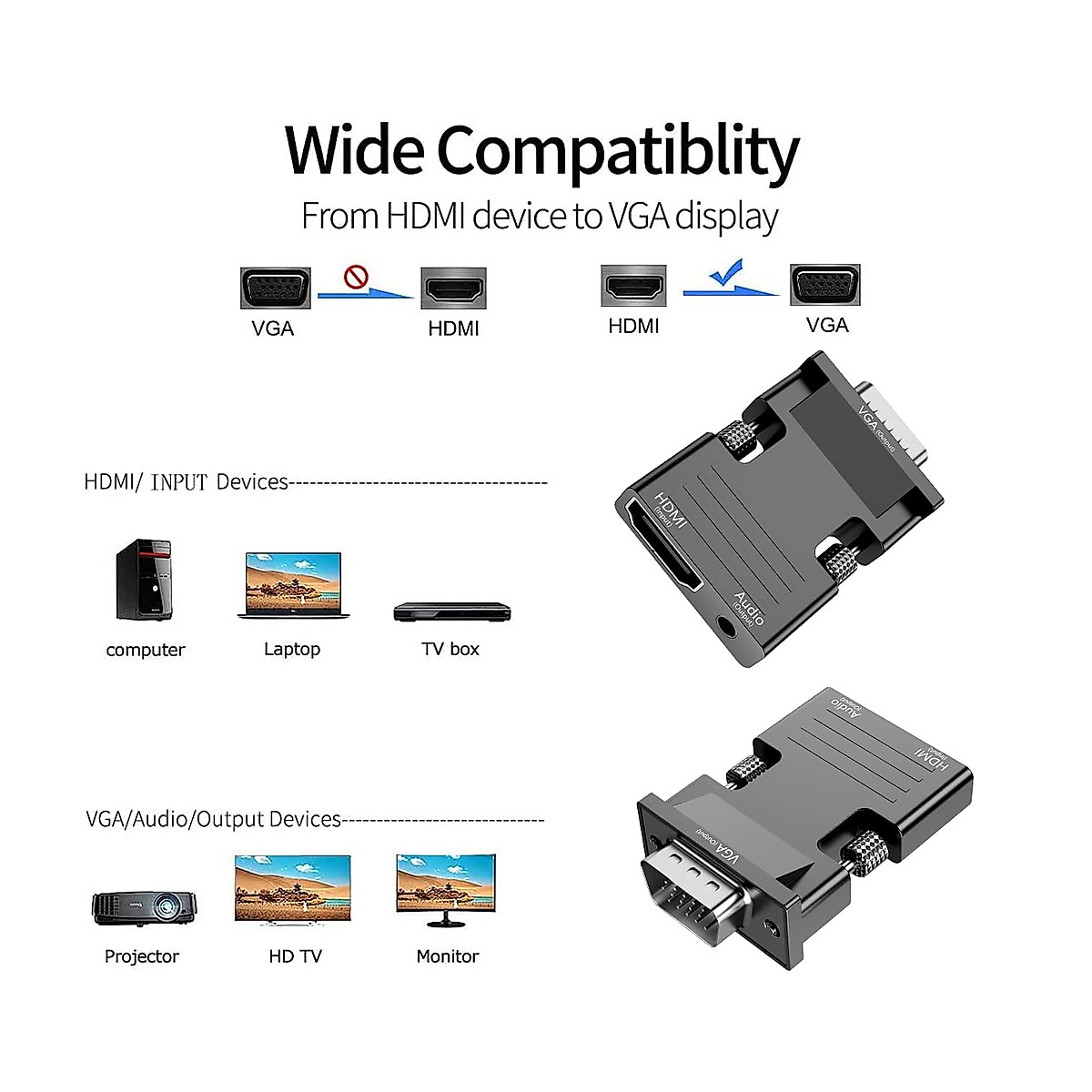 BERLAT HDMI to VGA Adapter Converter, Audio Output Computer Set-top Box Connector Dongle for Laptop, PC, Monitor, Projector, HDTV, Chromebook, Roku, Xbox -3.5mm Stereo Cable Included