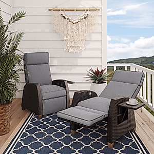 Grand patio Outdoor Reclining Chairs with Extended Footrest Adjustable WickerPatio Lounge Recliner up to 150° with Flip Side Table Cool Grey