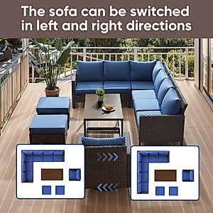 HUMMUH 10 Piece Patio Furniture Set PE Wicker 3 Outdoor Sectional Sofa Set with Patio Chairs Dinning Table Ottomans for Porch,Garden,Backyard,Deck(Brown/Blue)