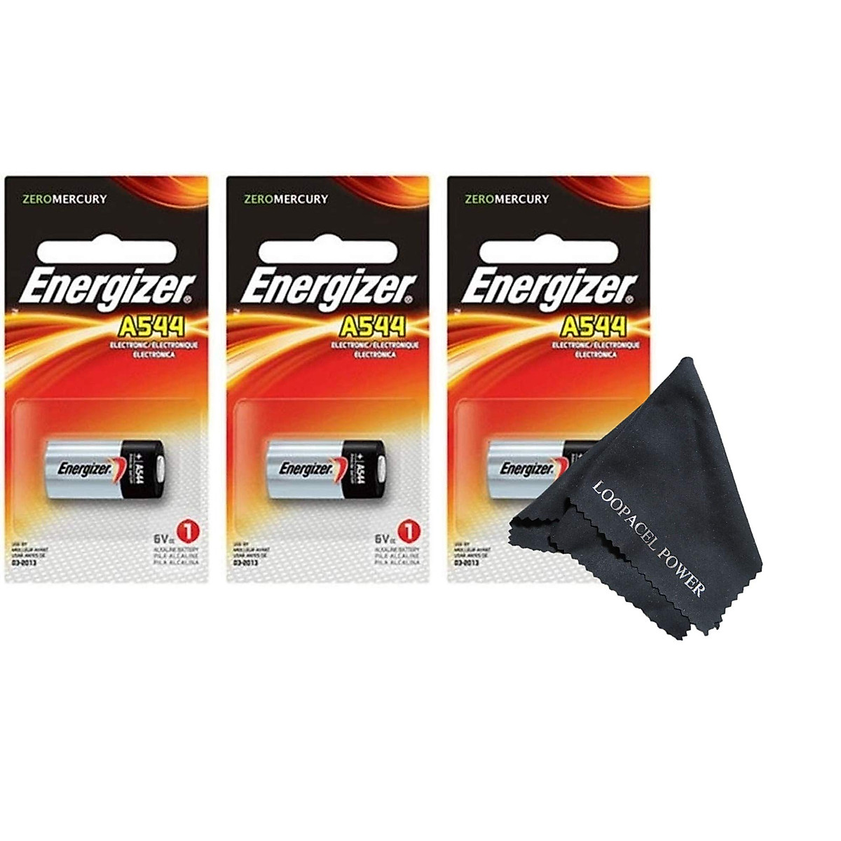 Energizer A544 6-Volt Photo Battery 3 Pack With Cloth - With Loopacell Brand Microfiber Cleaning Cloth Ultra Smooth, Colors May Vary