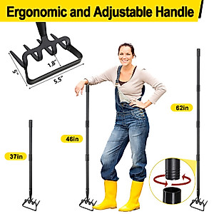 Garden Hoe, Cultivator Stirrup Hoe Garden Tool for Weeding, 62 Inch Heavy Duty Hula Hoe with Adjustable Long Handle, Action Scuffle Loop Hoe with Rake 2-in-1 Gardening Tool for Loosening Pulling Weed