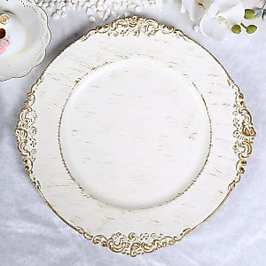 Tableclothsfactory 6 Pack White 13" Round Baroque Charger Plates Leaf Embossed Antique Gold Rim for Tabletop Decor Catering Event