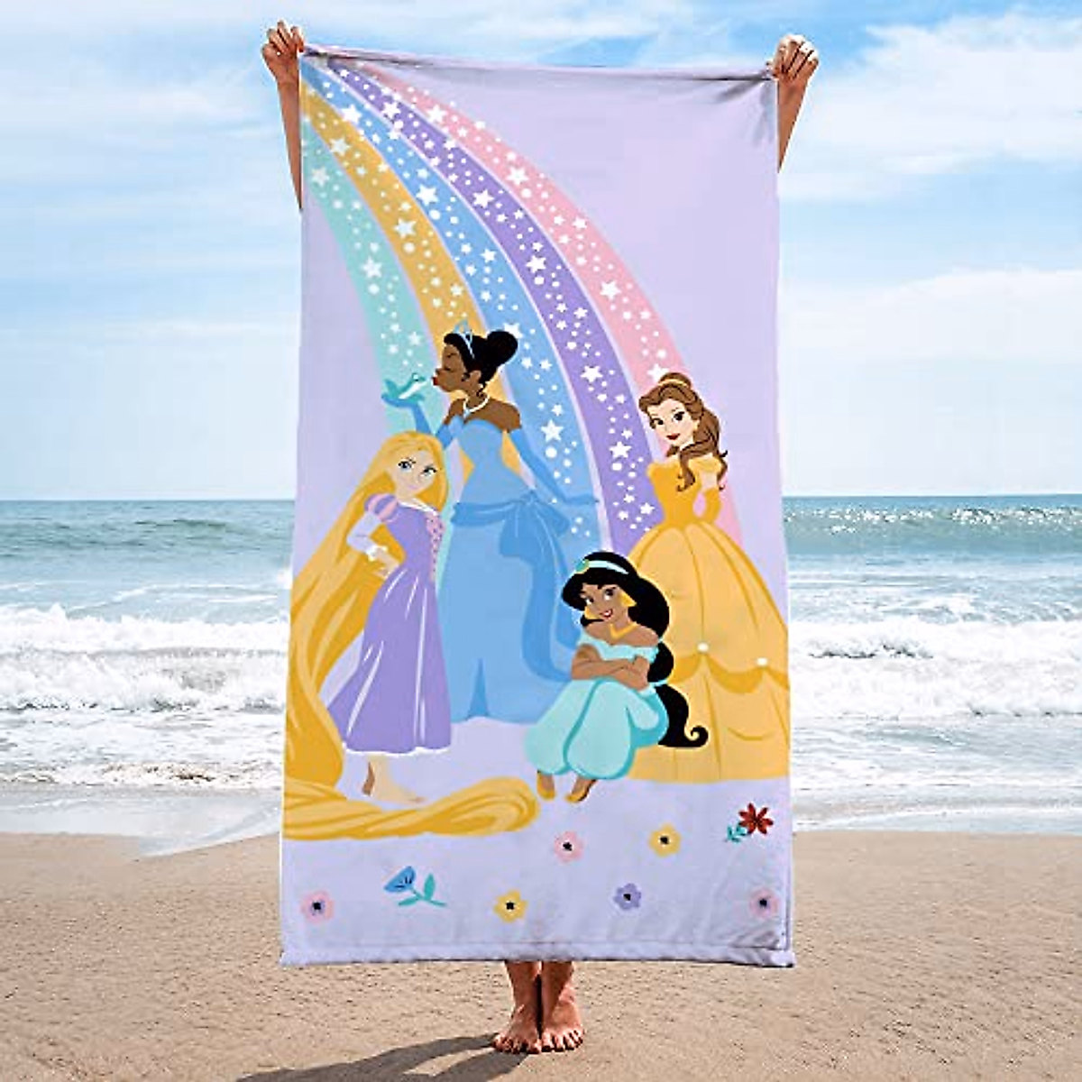 Jay Franco Disney Princess Rainbow Bath/Pool/Beach Towel - Super Soft & Absorbent Fade Resistant Cotton Towel Features Belle, Rapunzel, Jasmine, & Tiana - Measures 28 x 58 inches