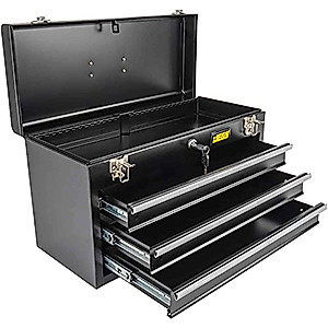 JEGS 3-Drawer Toolbox - Metal Toolbox with Ball-Bearing Drawer Slides - Rust-Resistant Latches - Black Powder Coat Finish - Includes Lock and Keys