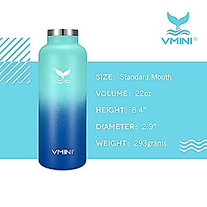 Vmini Water Bottle - Standard Mouth Stainless Steel & Vacuum Insulated Bottle, New Straw Lid with Wide Handle, Gradient Mint+Blue & 22 oz