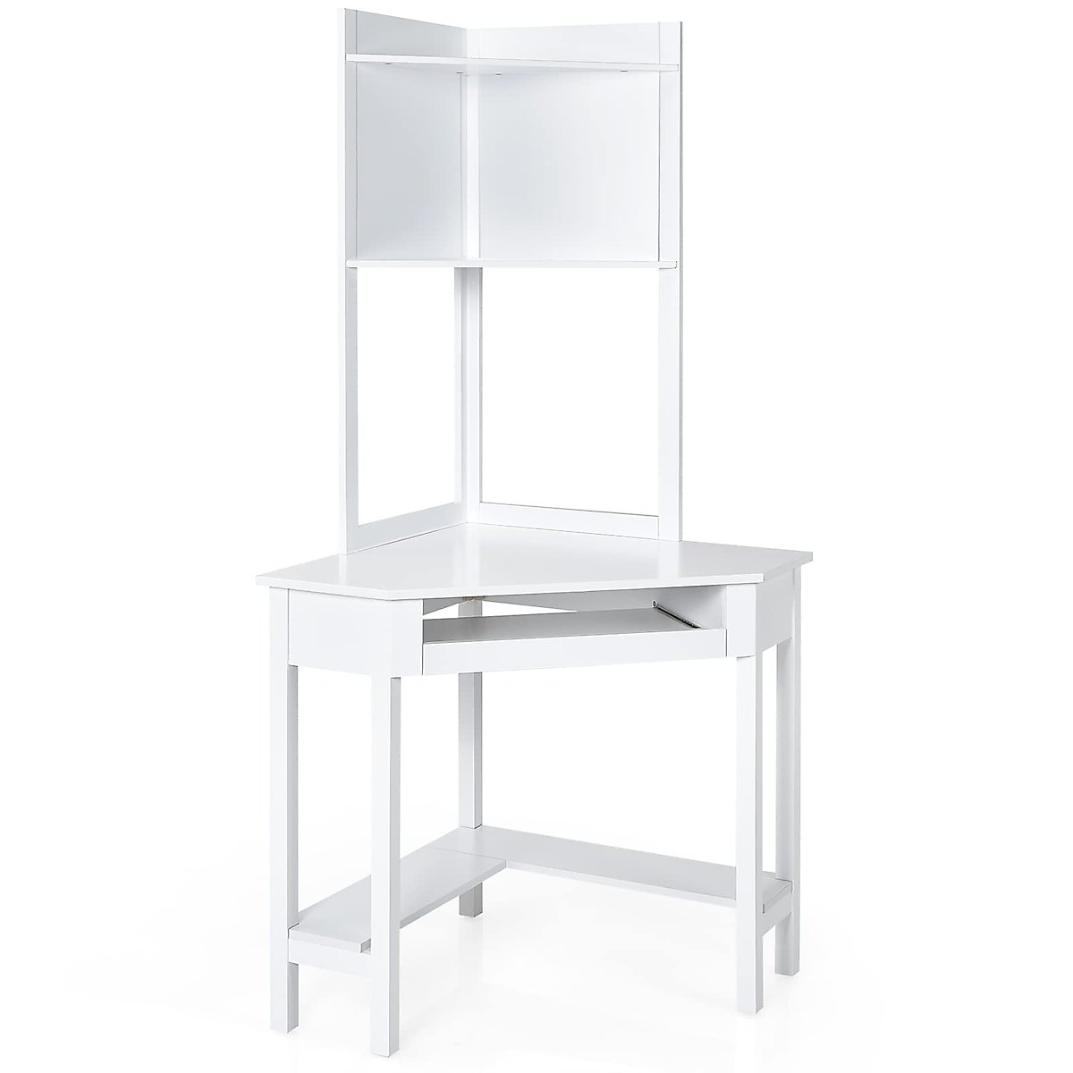 IFANNY Corner Computer Desk with Hutch, Triangle Corner Desk w/Keyboard Tray and Bookshelves, Corner Writing Desk with Storage Shelves, Small Corner Desks for Small Spaces (White)
