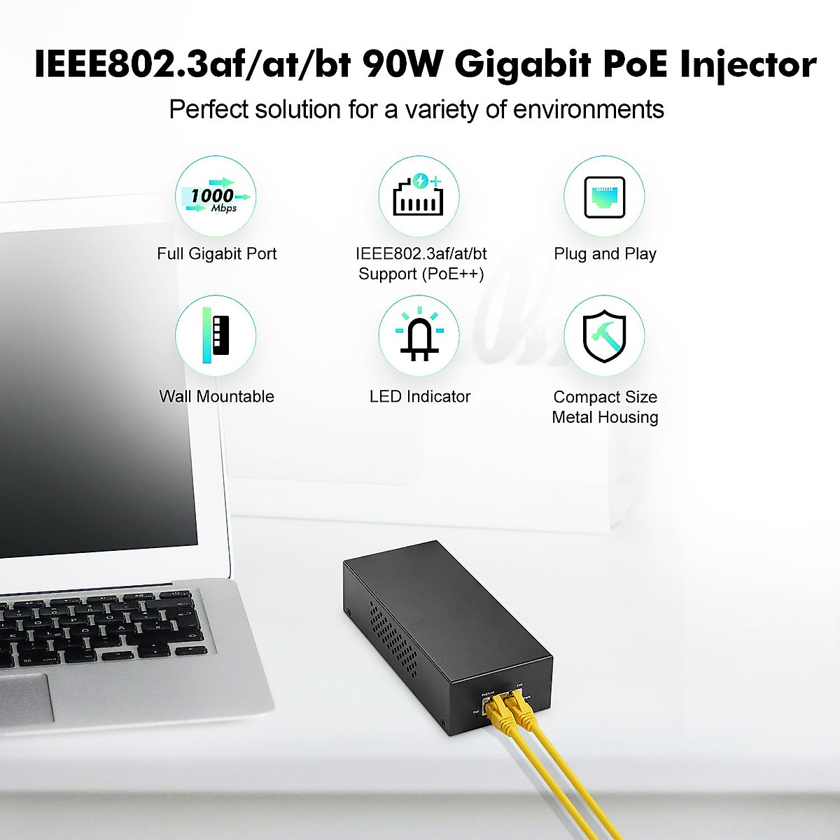 YuLinca Gigabit PoE+ Injector 90W, 802.3af/at/bt Power Over Ethernet Metal PoE Adapter, 10/100/1000Mbps, Non-PoE to PoE Adapter, Plug & Play, Distance Up to 100 Meters (328 ft.)