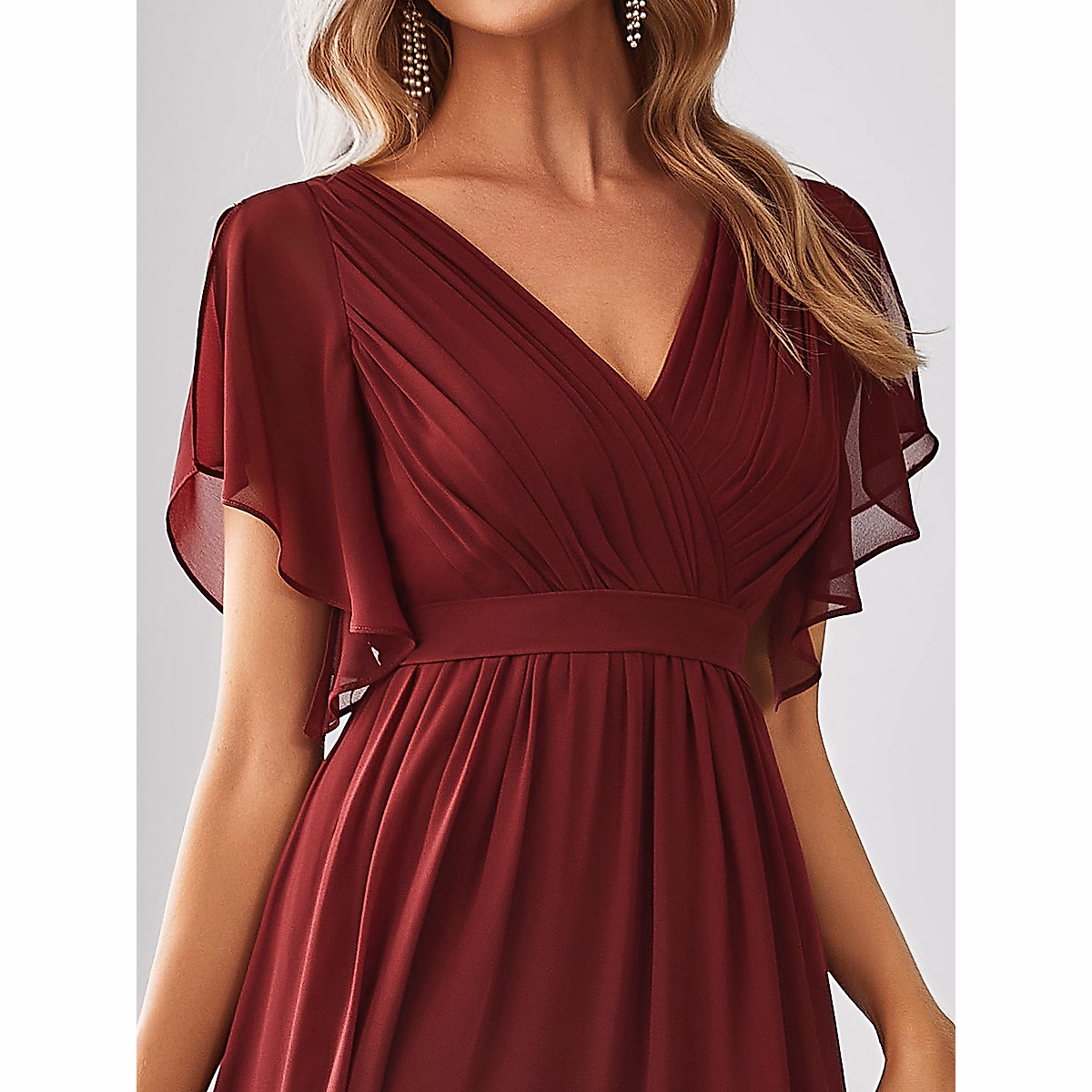 Ever-Pretty Women's Bridesmaid Dress V-Neck Ruffle Sleeves Ruched Bust Floor Length Chiffon Formal Dresses Burgundy US16