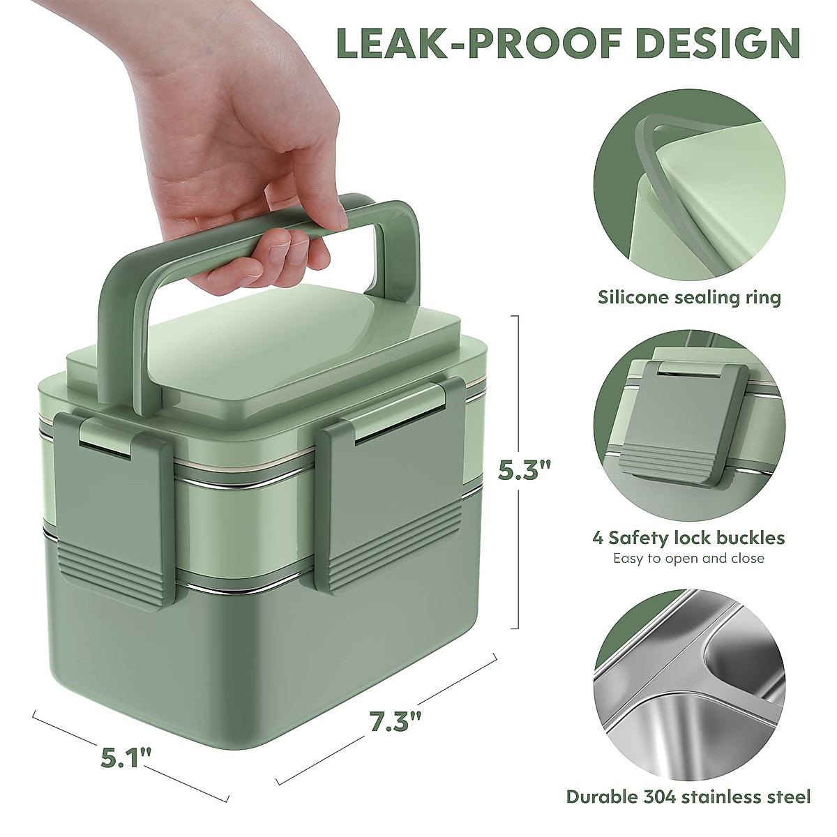 JSCARES Stainless Steel Bento Box Adult Lunch Box, 3 Stackable Bento Lunch Containers, Portable Modern Style Adult Bento Box, Leakproof 51OZ Bento Lunch Box for Kids and Adults (Green)