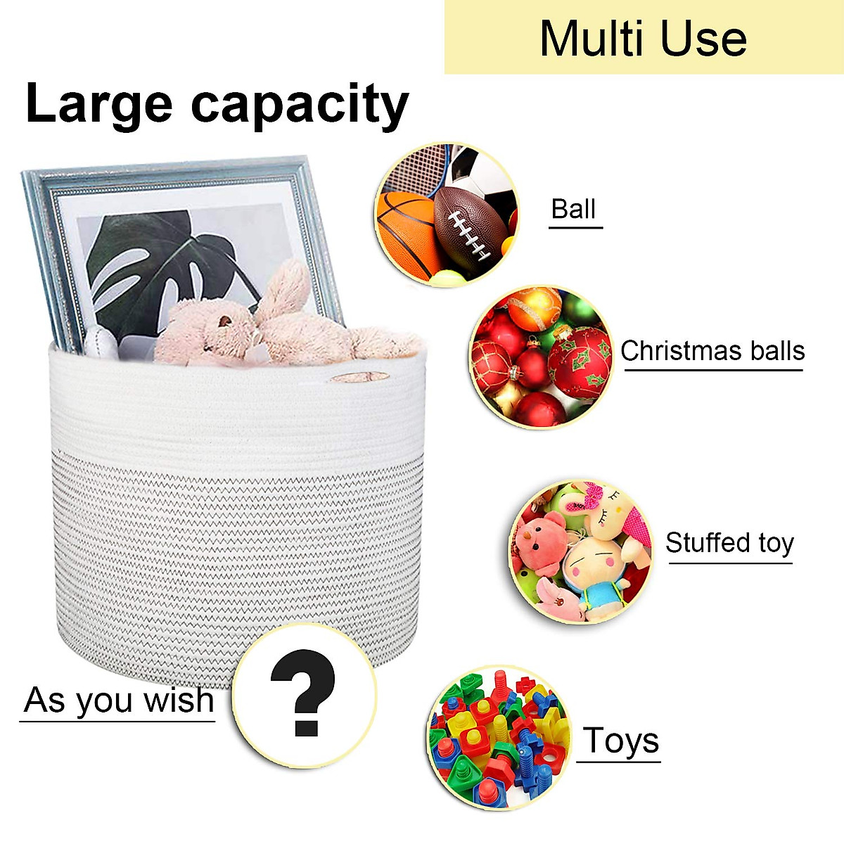 Woven Laundry Basket, Cotton Rope Hamper for Clothing,Toys, Pillows, Towels, Decorative Blanket Basket for Nursery, Living Room, 17" X 16.5"