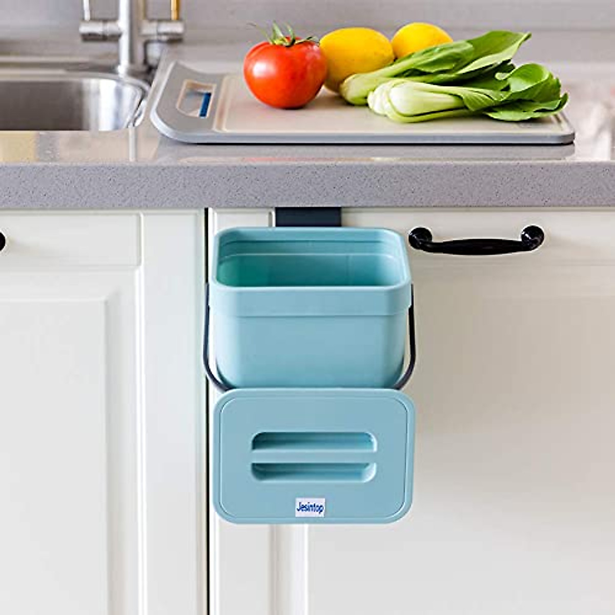 Small Compost Bin with Lid Blue Plastic Waste Basket 5 L/ 1.3 Gallons Mountable Compost Bucket Hanging Waste Bin for Office,Dog Poop Waste Compost Bin for Kitchen Trash Can Garbage Bin for Bedroom